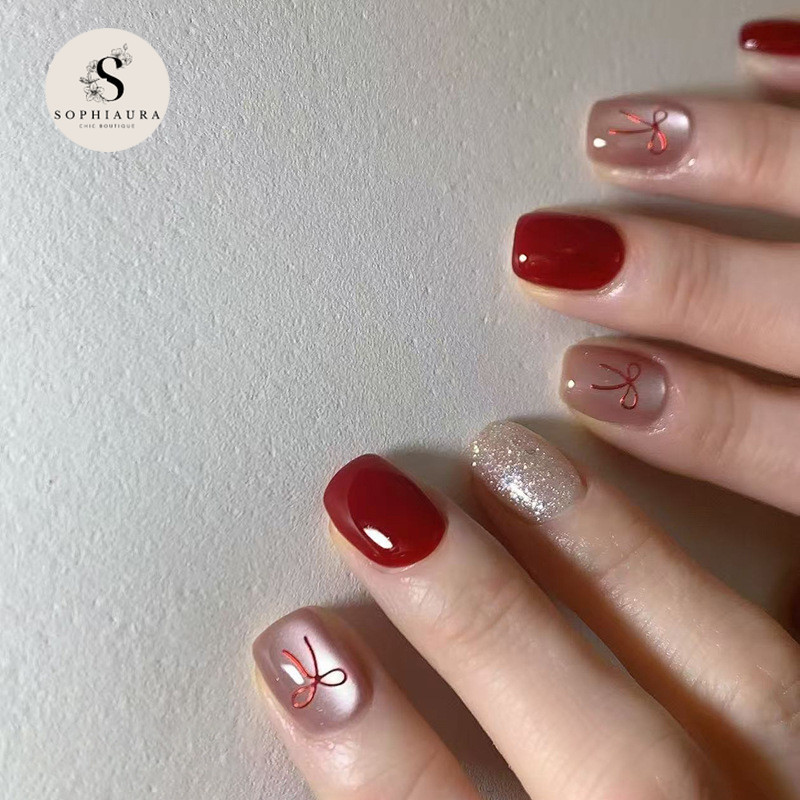 SOPHIAURA 24pcs Fake Nails Red Ribbon Design Short Square Shape Free ...