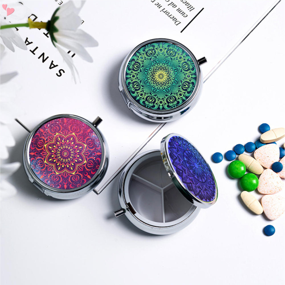 Round Pill Box,3 Compartment Small Pill Case for Pocket & Purse, Cute ...