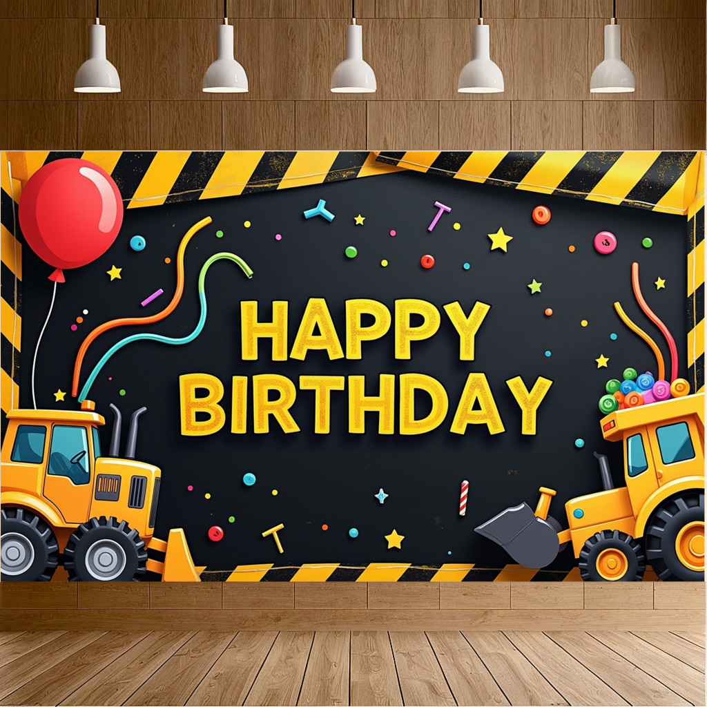 Happy Birthday Backdrop Construction Theme Banner Party Decoration For ...