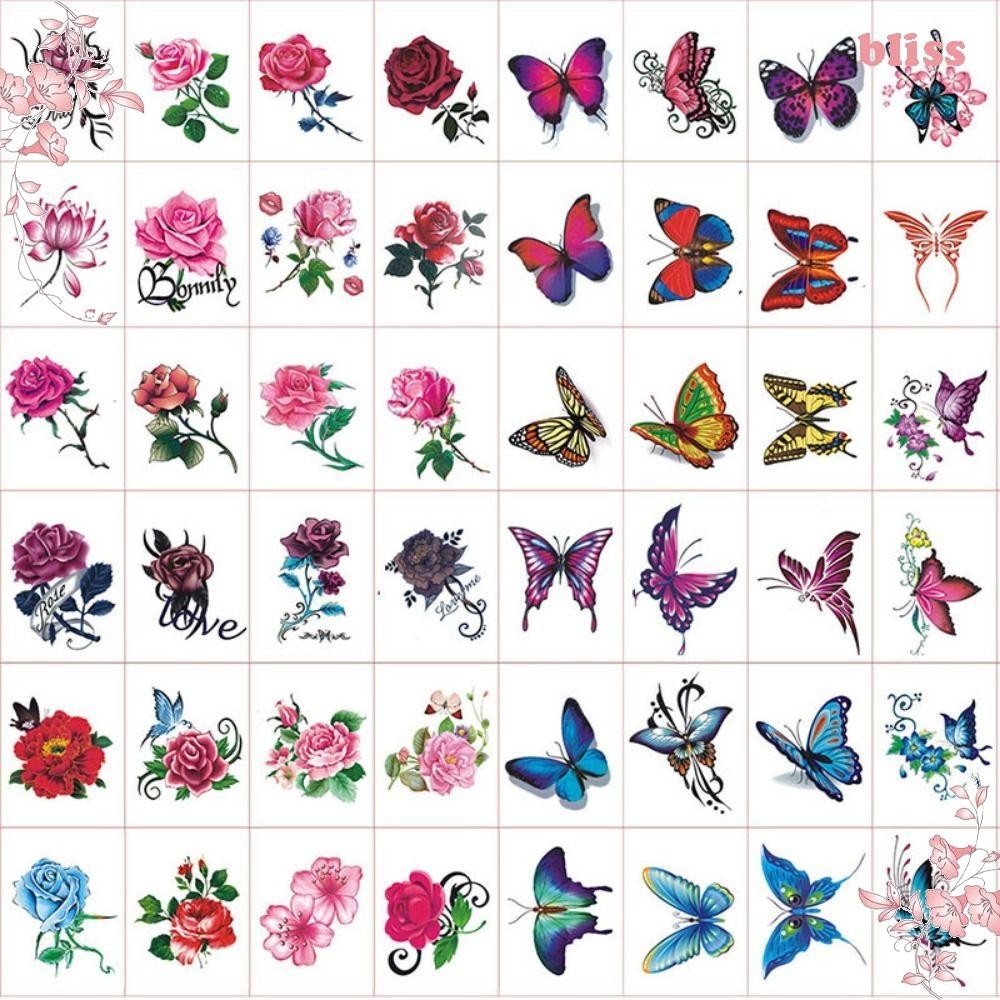 BLISS 5/10/20/30/50 pcs Temporary Tattoo Stickers, Rose/ Butterfly ...
