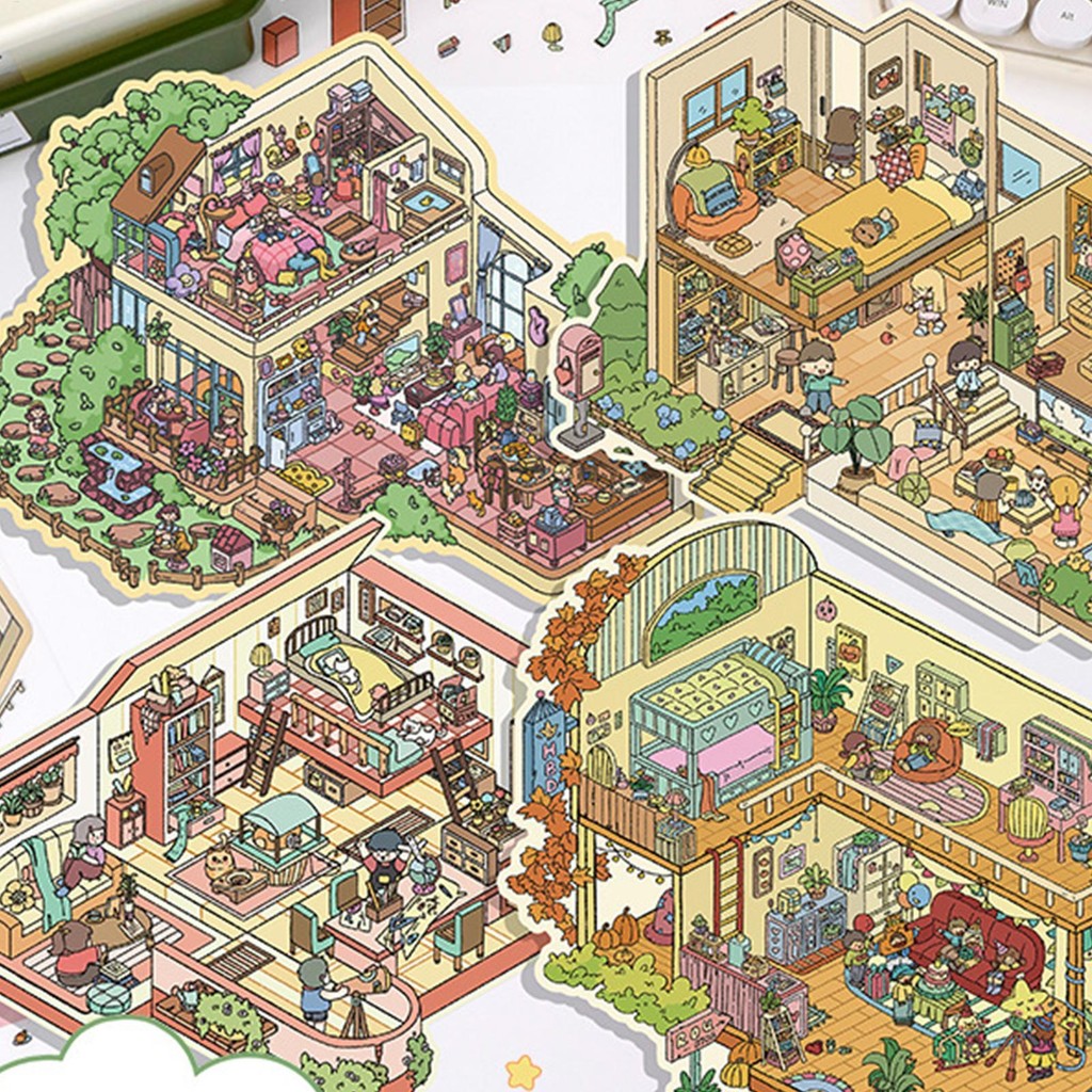 Cartoon Landscaping Stickers House Scene Stickers Miniature Scene ...