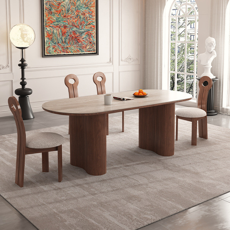 Solid Wood Dining Table Small Apartment Medieval Style Oval Hole Stone ...