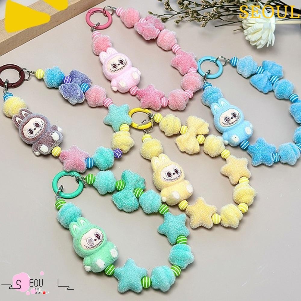 SEOUL Plush Labubu Doll Key Ring, Cartoon Mini Flocking Labubu Keychain ...