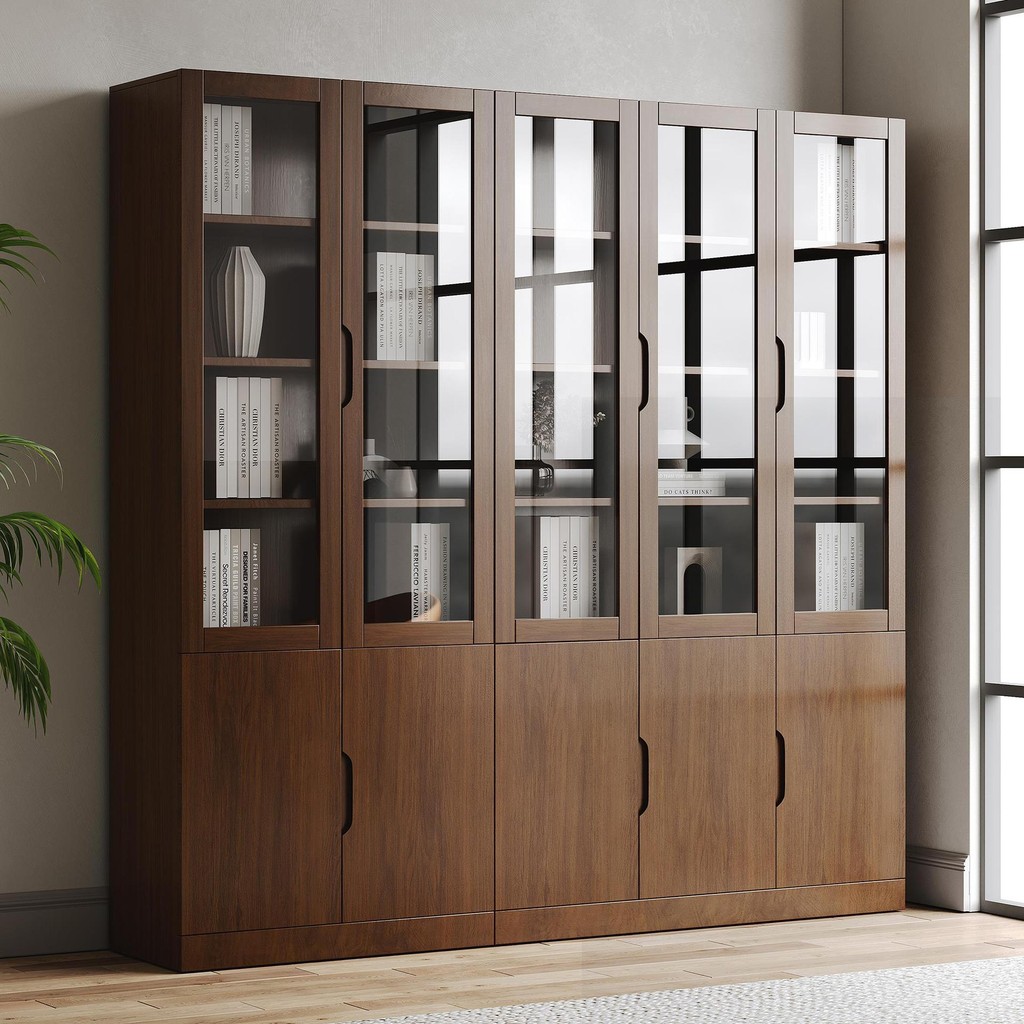 J-H/All Solid Wood Oak Bookshelf with Glass Doors Floor-standing Dust ...