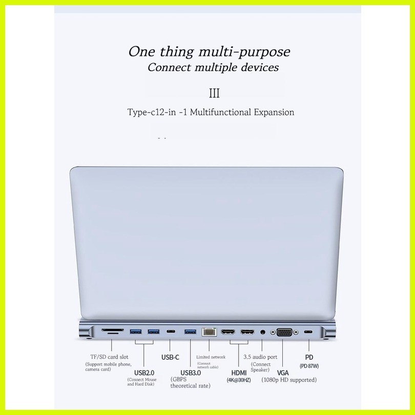 , BHZKCW Type-C Hub 12 In 1 Port Replicator Adapter 4K HDMI VGA Audio ...