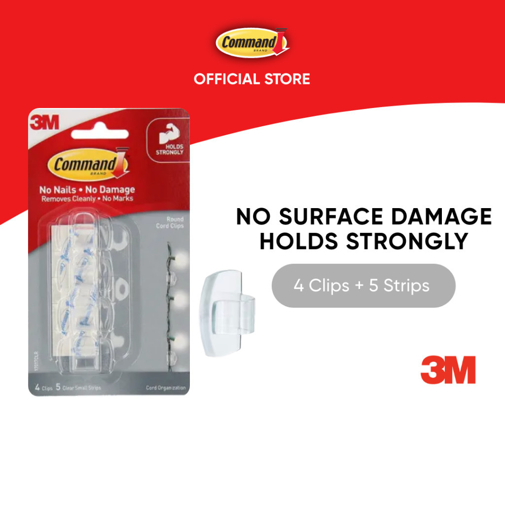 3M™ Command™ Round Cord Clips, 17017CLR, No Surface Damage, 4 pcs/pack ...