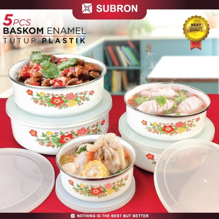 SUBRON Mixing Bowl Enamel SET 5 pcs Airtight Plastic Lid Beautiful ...