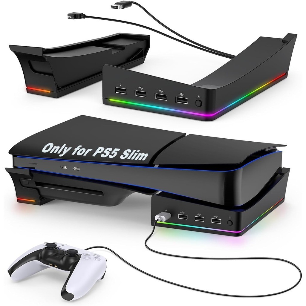 RGB Horizontal Stand for PS5 Slim / PS5 Pro Console Accessories with 14 ...