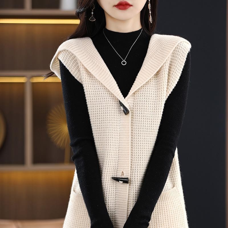 The new Spring and Autumn Korea loose V-neck sleeveless long hooded ...