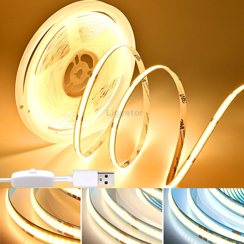 Ligyetor 5V COB LED Strip 5/4/3/2/1M High Density 252led/m Flexible LED ...