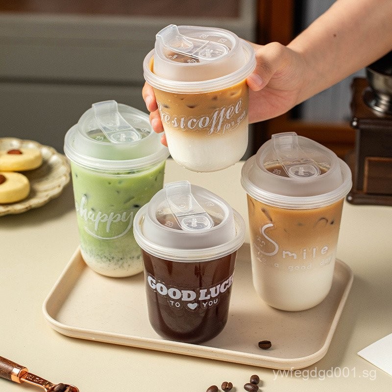 Disposable Coffee Cup with Lid Milk Tea Beverage Cold Drink Cup Trendy ...