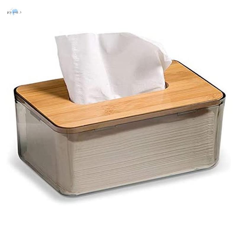 Tissue Box, Tissue Dispenser Box with Bamboo Wood Lid, Transparent ...