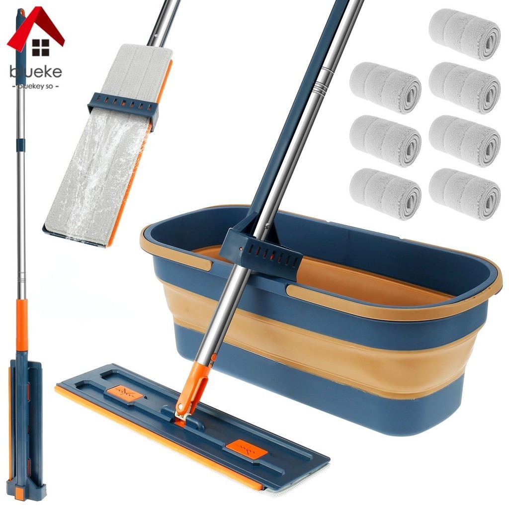 Mop and Foldable Bucket Set Microfiber Mop Hands-Free Flat Floor Mop ...