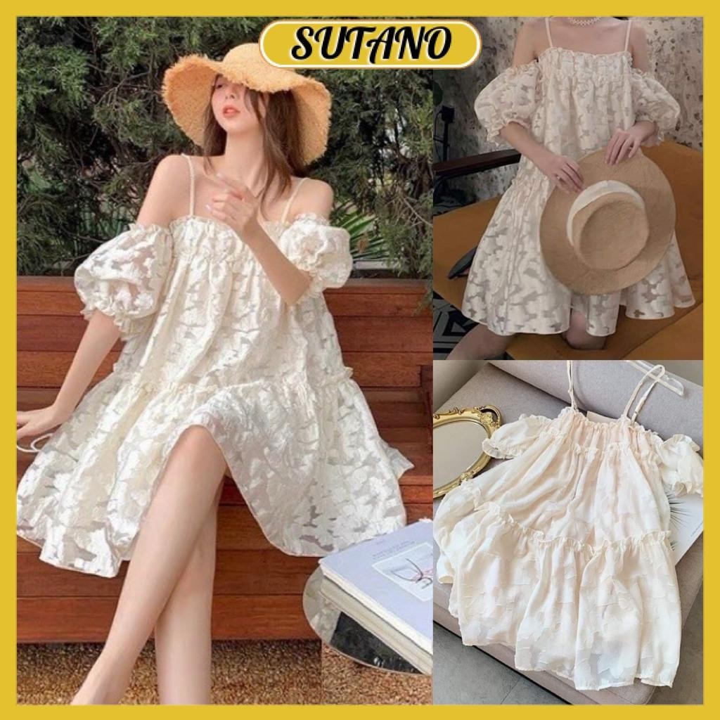 Babydoll two-strap beach dress, off-the-shoulder two-strap dress with ...