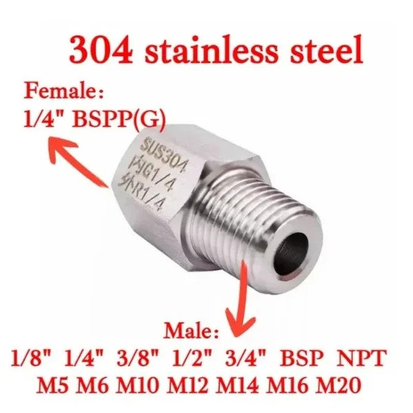 304 Stainless Steel Hex Reducer Bushing Adapter, G1/4" BSP Female to ...