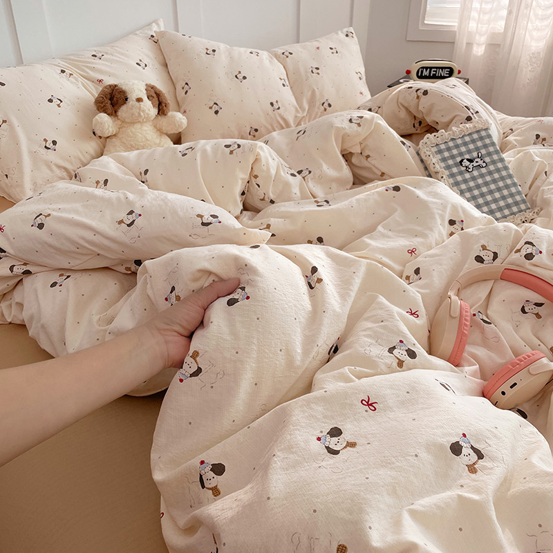 4 IN 1 Cartoon Style Cute Dog Print Bed Sheet Set For Students Double ...