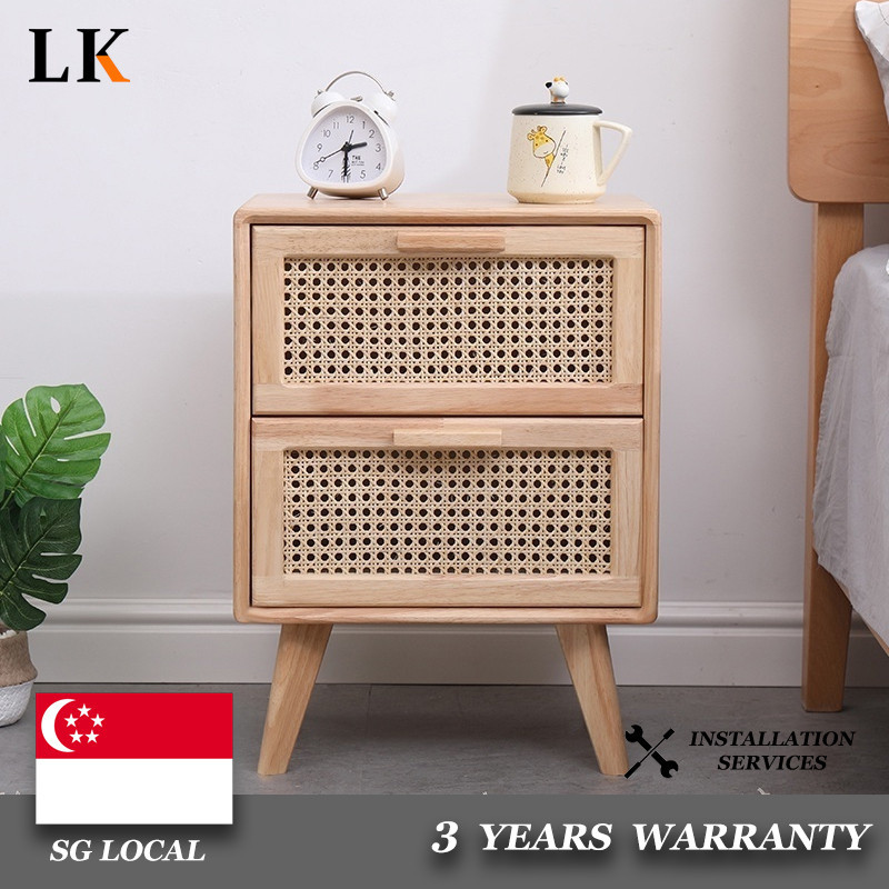 LK 【In stocks、Natural Rattan】Solid Bedside Table Wood Color Nordic ...