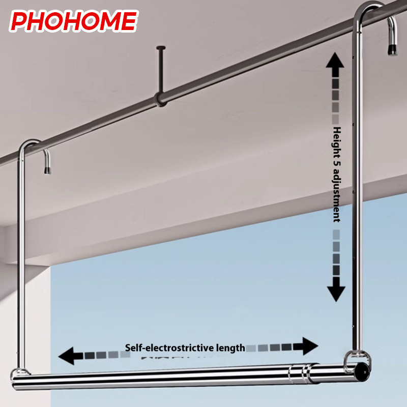 PHO No Need To Install Telescopic Laundry Rail Bar Adjustable Height ...