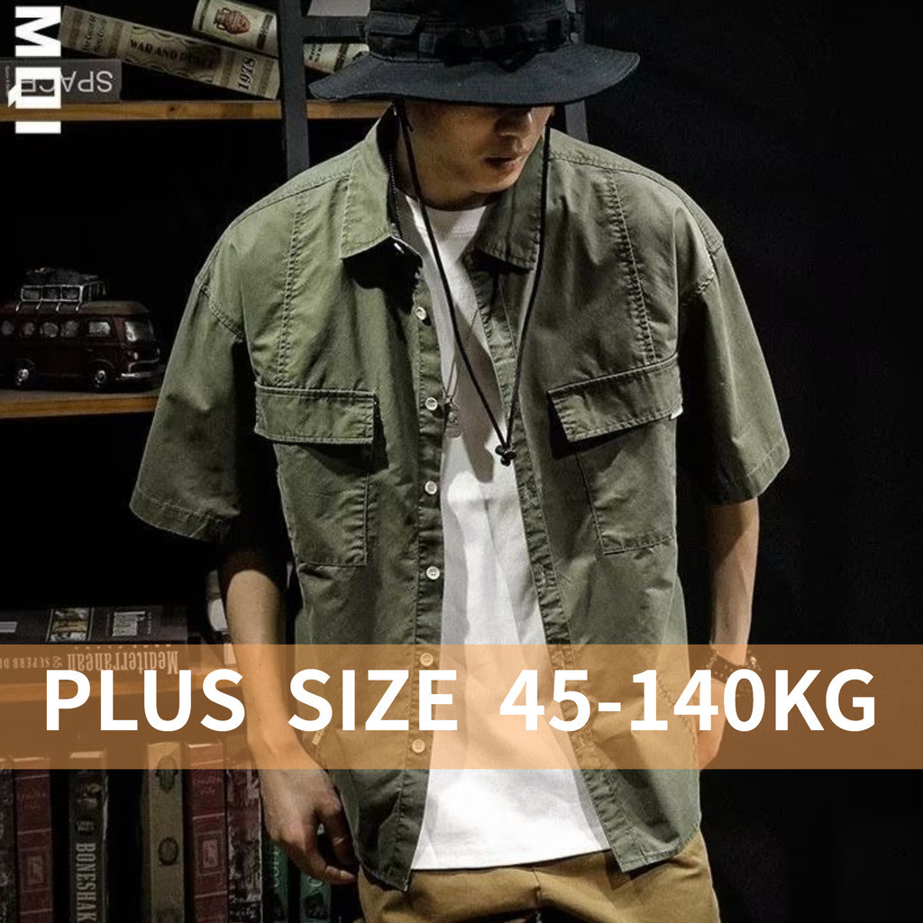 【Plus Size】Men Short Sleeve Cargo Cotton Casual Solid Green Pocket Work ...