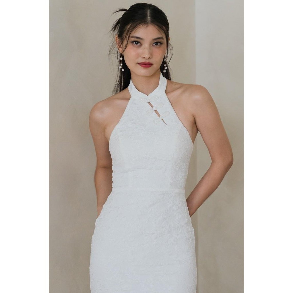 Hua Embroidered Midi Padded Dress (White) | Shopee Singapore