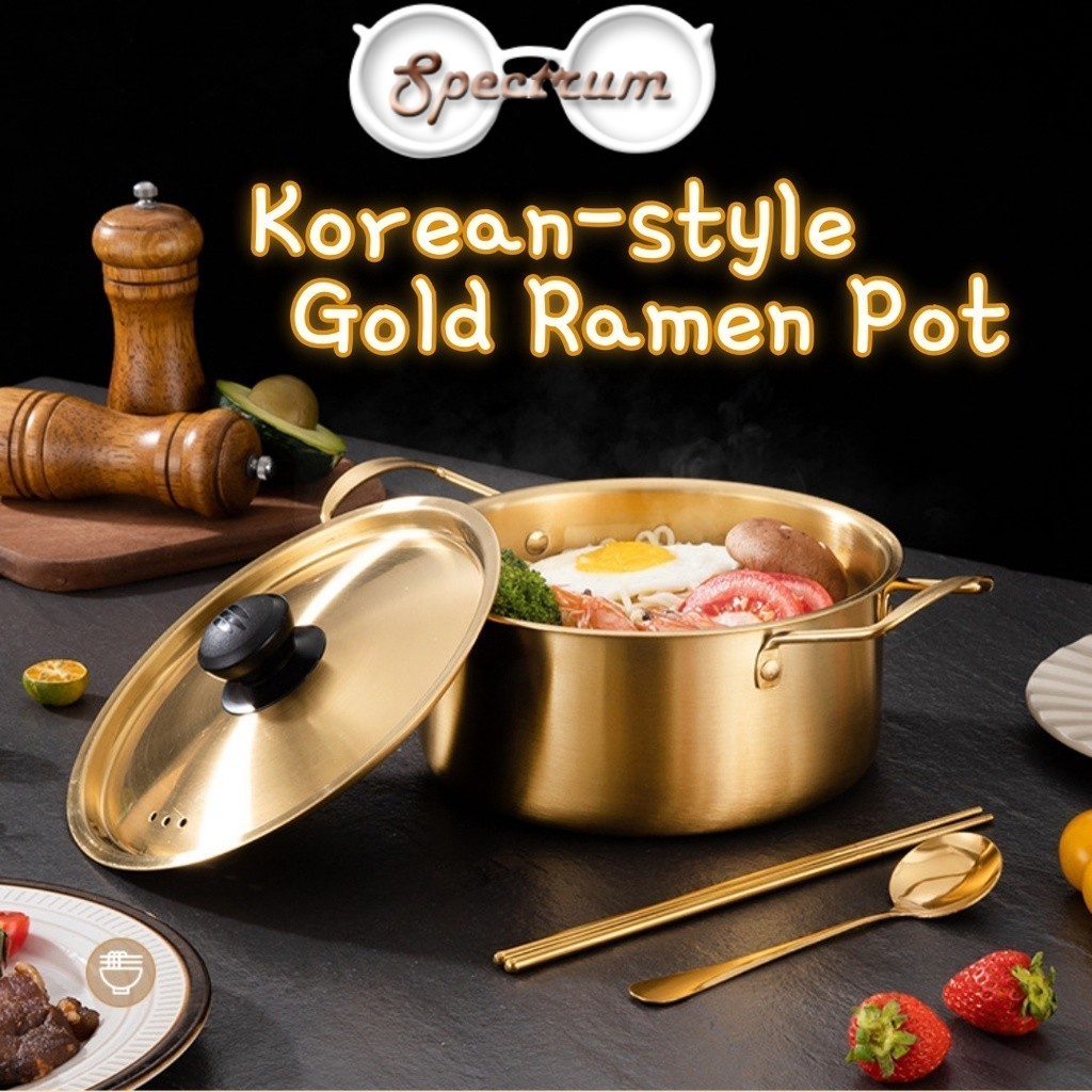 Korean Style Gold Noodle Pot Ramen Bowl With Lid Double Handle Steel ...