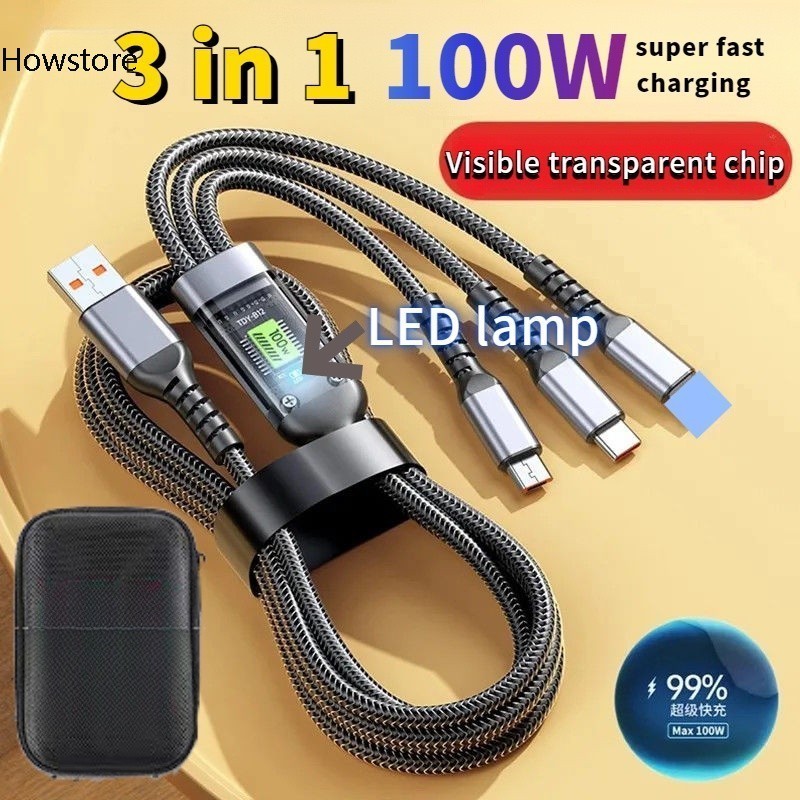 New 100w 3 in 1 Super Charging Cable 6A Micro USB Type C Fast Charger ...