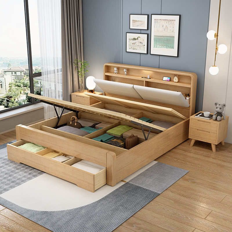 Bedside Charging White Solid Wood Bed High Box Bed Drawer Storage Bed ...