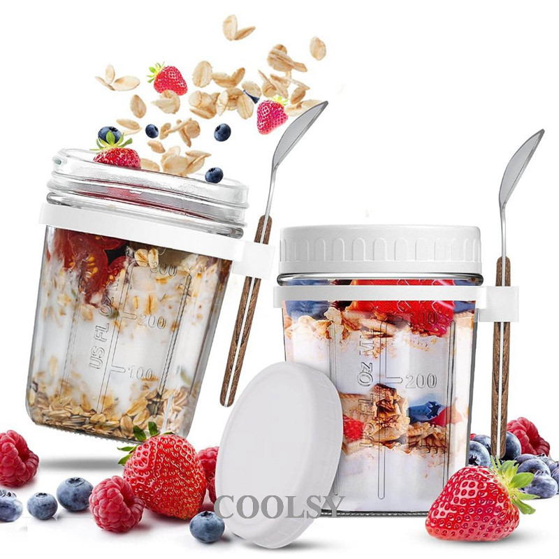 COOLSY 350ml Reusable Overnight Oats Jars With Spoon Airtight Oatmeal Cup Container With ...