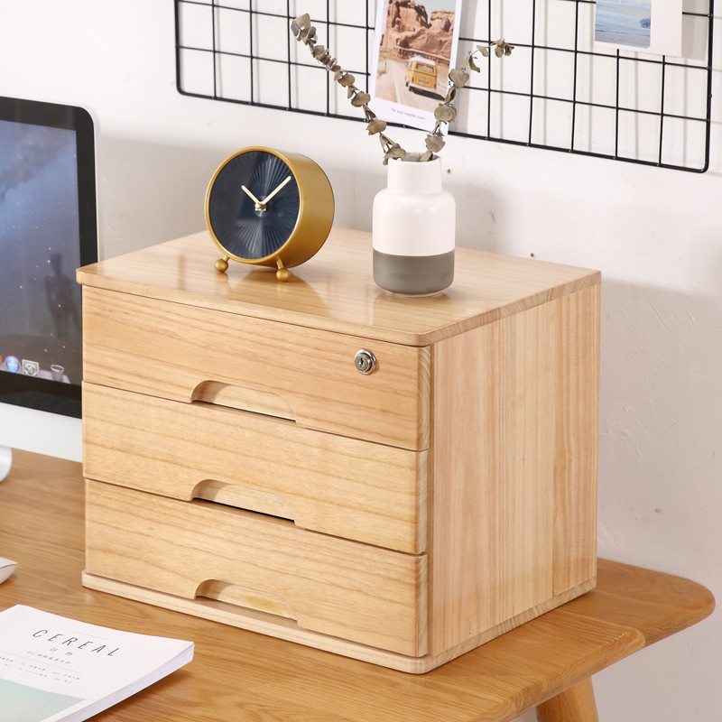 Solid Wood Desktop Storage Cabinet with Drawers, Lockable Wooden ...