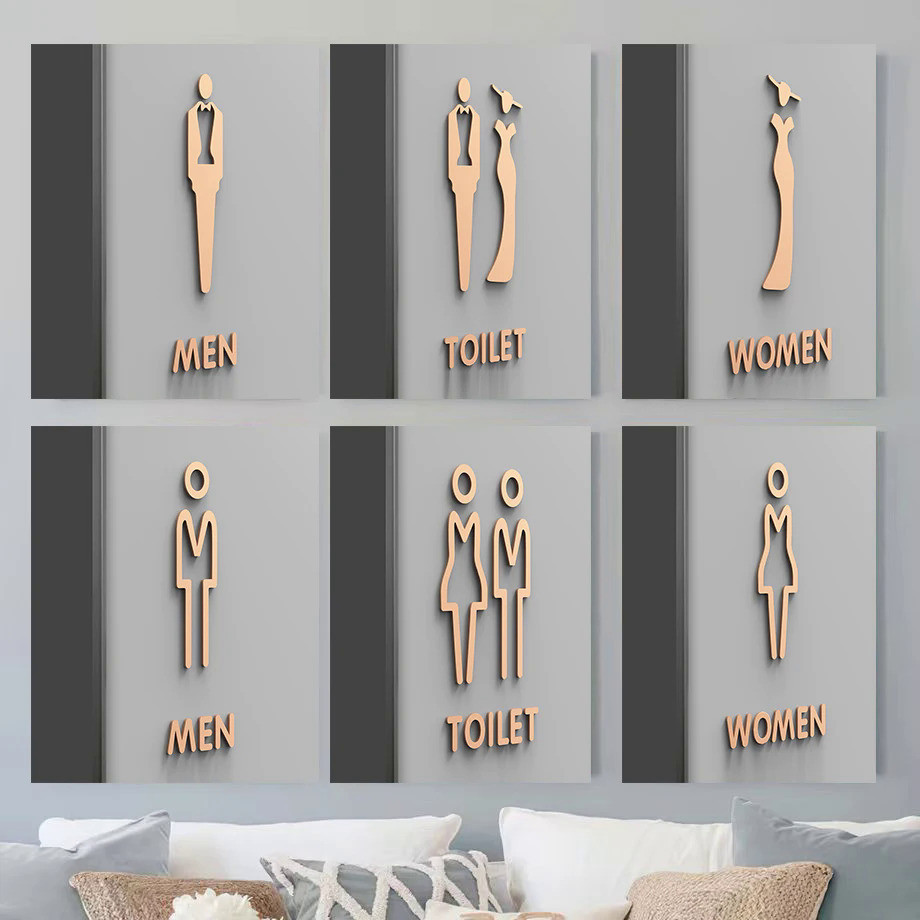 YY Black Gold Color Toilet Sign Plate Acrylic 3D Wash Room Door Wall ...