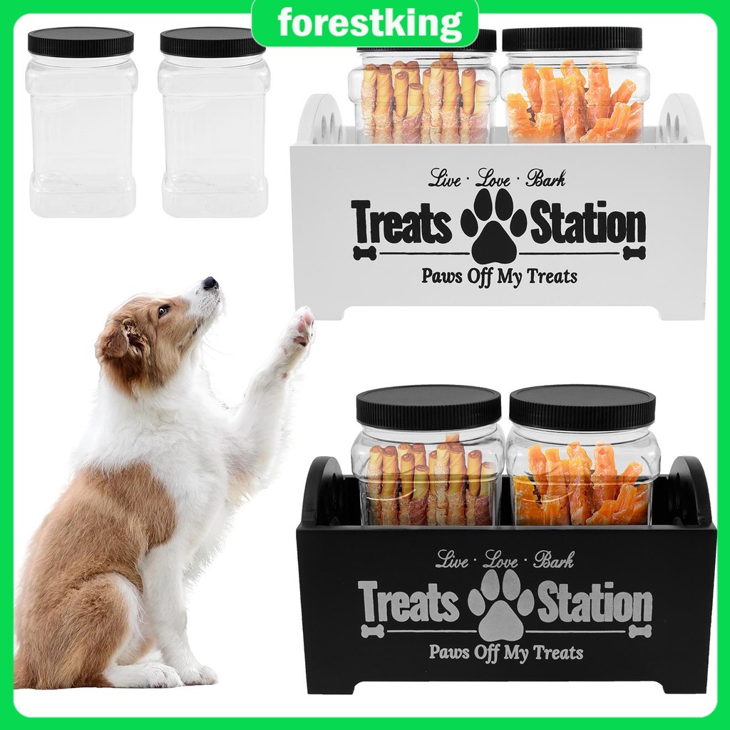 Dog Treat Container Wood Dog Food Storage Container with 2 Plastic Jars ...