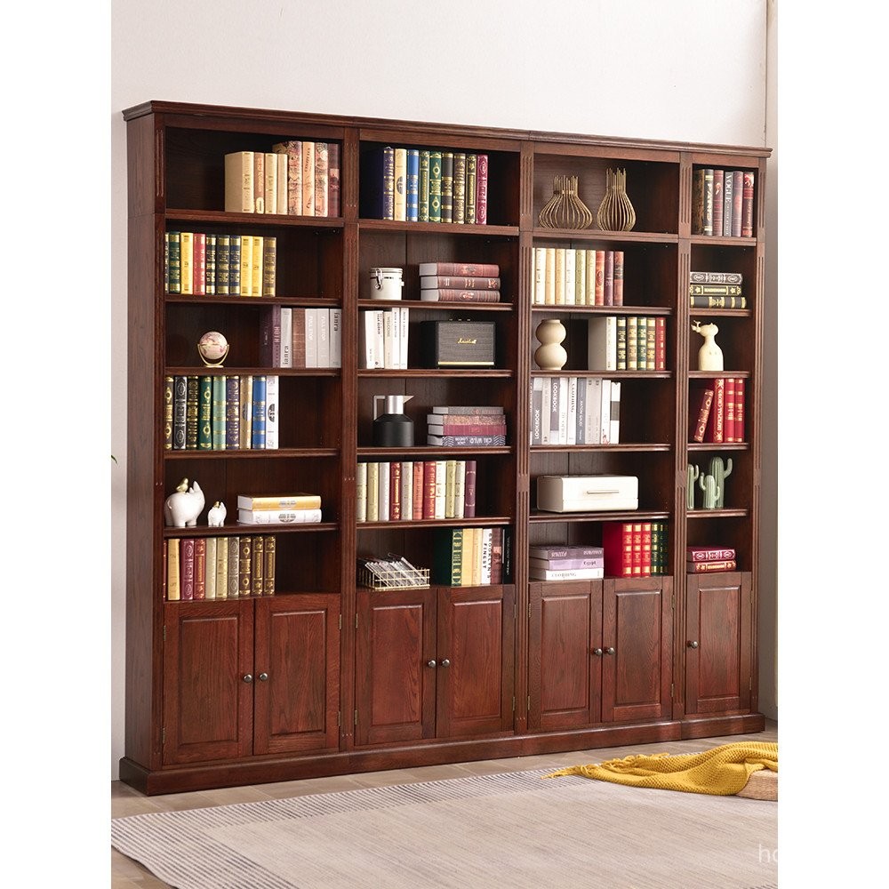 American Style Solid Wood Bookshelf Full Wall Natural Wood with Doors Storage Cabinet Floor ...