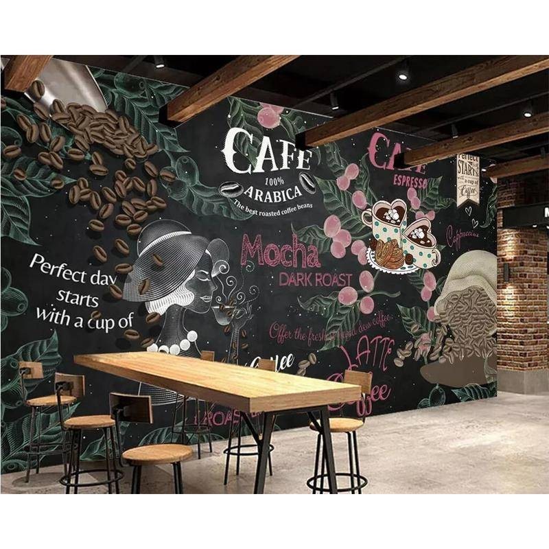 Custom Black Background Hand Drawn Style Coffee Wallpaper 3d for Cafe ...