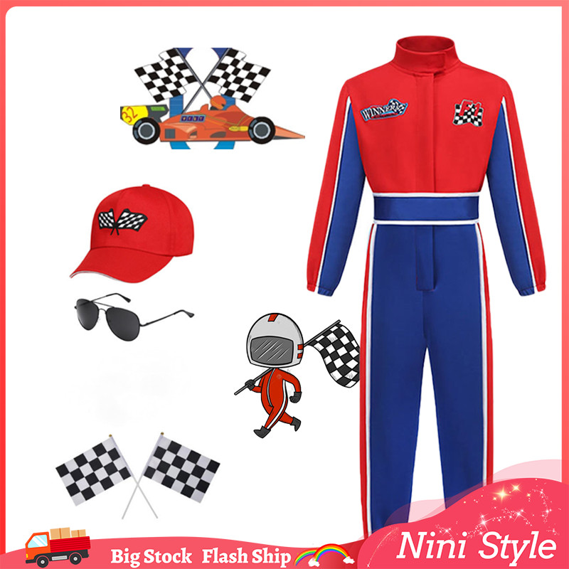 Race Car Driver Costume for Kids Boy Red Blue Racer Uniform Long Sleeve ...