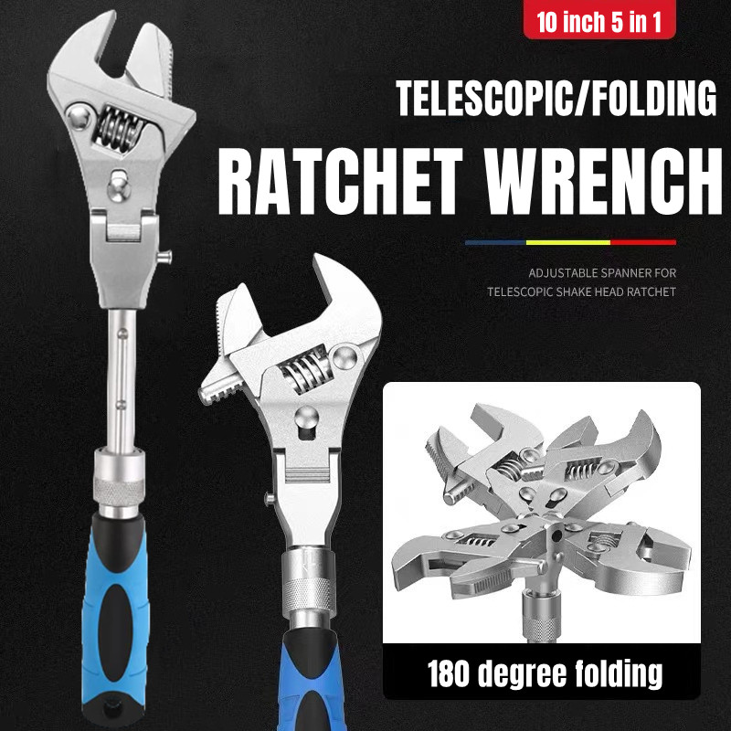 10 Inch Adjustable Ratchet Wrench, 5 in 1 Ratchet Wrench 180 Degree ...