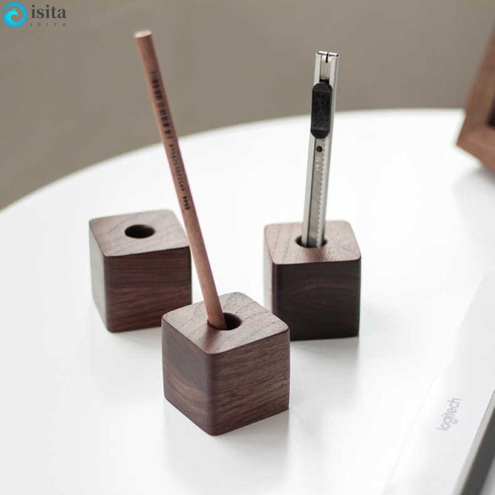 ISITA Wooden Single Pen Holder, Desktop Storage Black Walnut Desktop ...