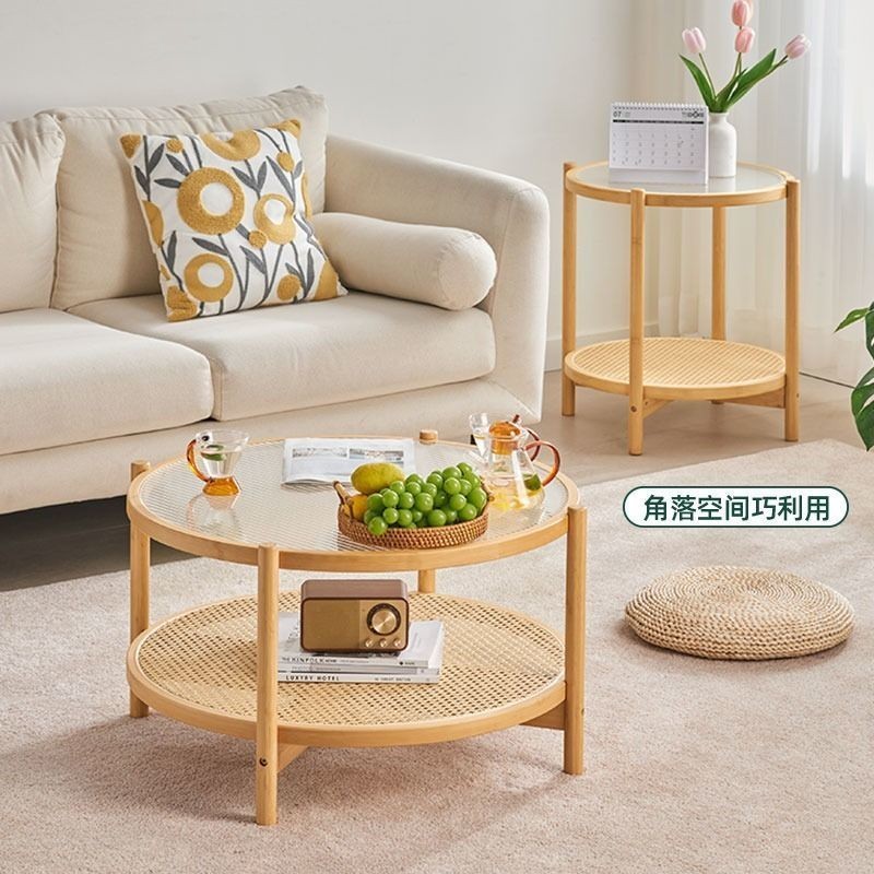 [SG Sellers] Coffee Table Round Solid Wood Rattan Glass Coffee Table ...