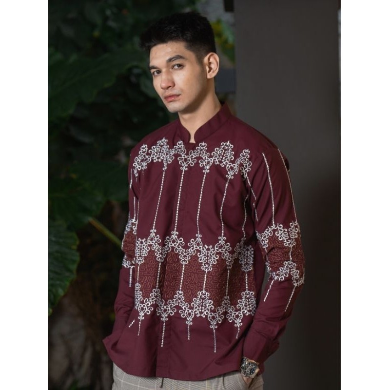 KEMEJA Modern Men's Embroidery Shirt NUC.ID Karim 05 (Dark Maroon ...