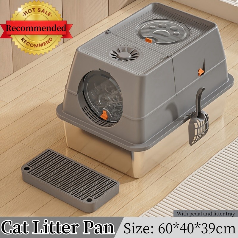 Cat Litter Pan Stainless Steel Fully Enclosed Litter Pan Flip Top Cat ...