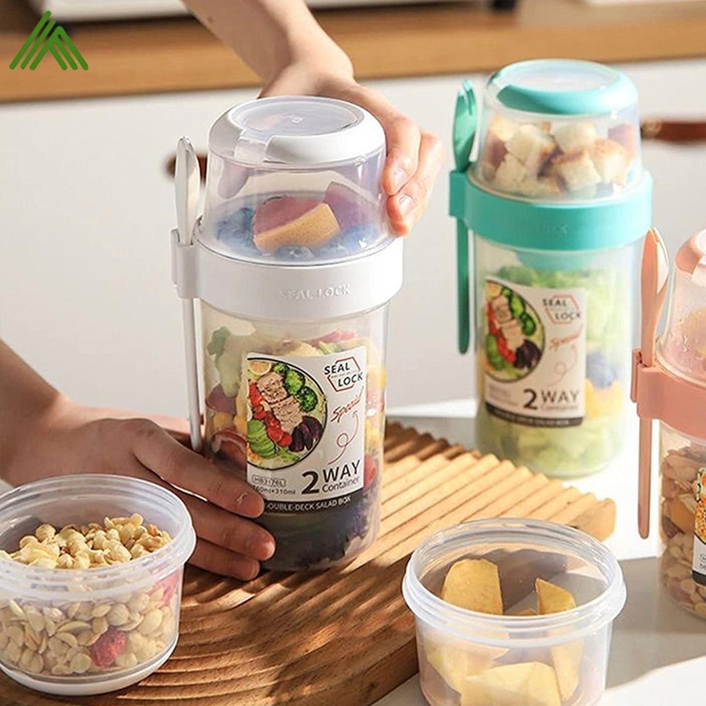 2 Pack Overnight Oats Container 2-Layer Breakfast On the Go Cups with ...