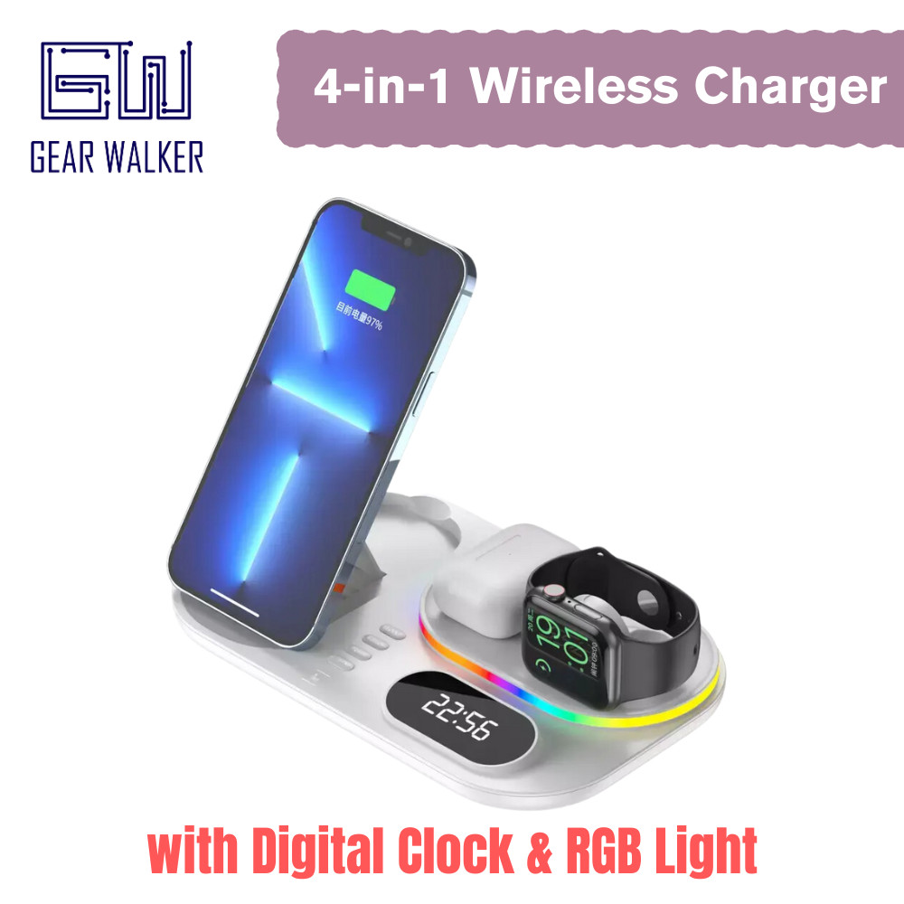 GEAR WALKER 4-in-1 Wireless Charger with RGB Light & Digital Clock 15W ...