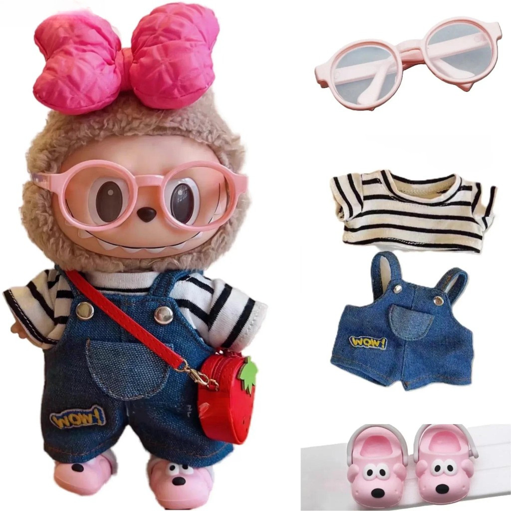 For 17cm Labubu Strap Pants Set Cowboy overalls Pink Glasses Slippers ...