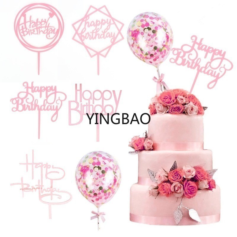 6 Pack Pink Birthday Cake Topper Set, Double-Sided Glitter, Acrylic ...