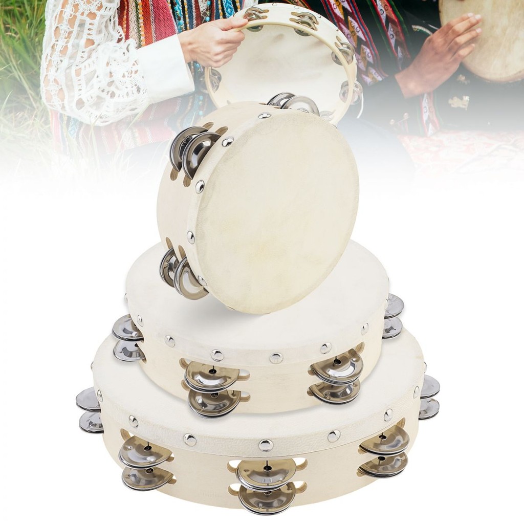 6 / 8 / 10 inch Wood Sheepskin Tambourine Double Row Jingles Tambourine ...