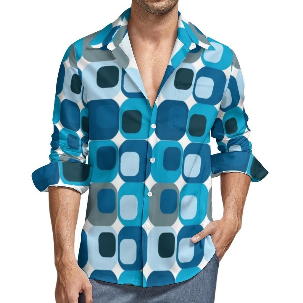 Retro men's square casual shirt Blue abstract print shirt Long sleeve ...