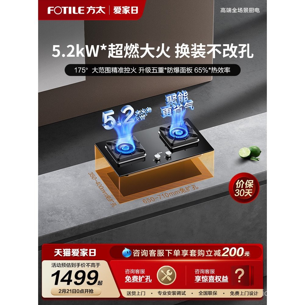 FOTILE Gas Stove02-TH29B Gas Stove Double Burner Built-in Household ...