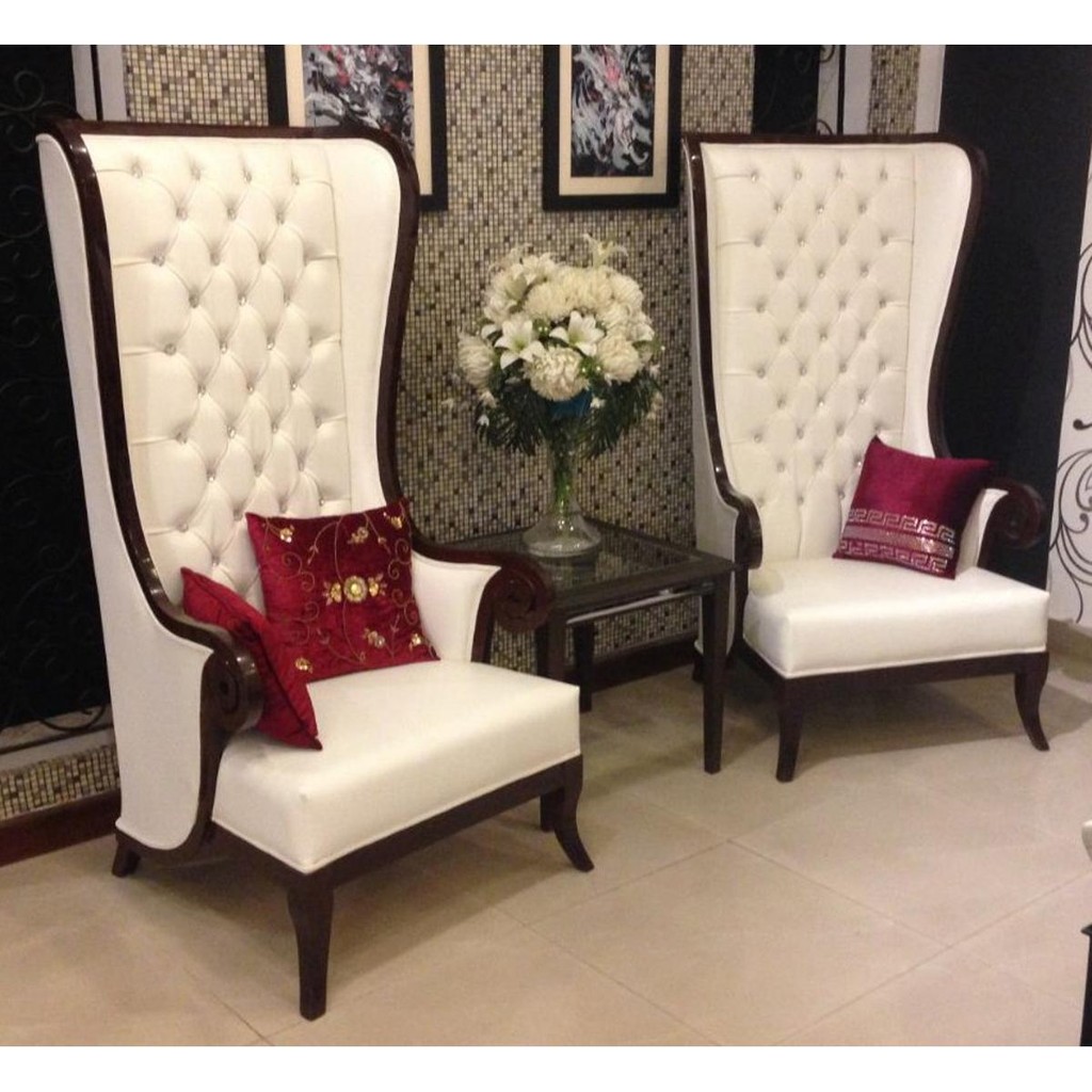 Pair of White High Back Chairs with Side Table | Shopee Singapore