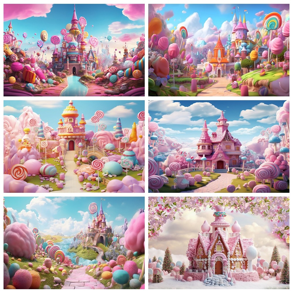 Pink Candy World Backdrop Sweet Candyland Castle Lollipop House Baby ...