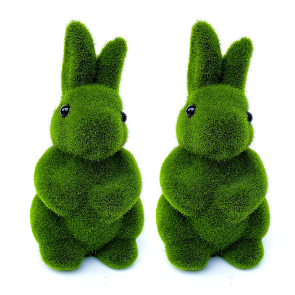 2Pcs Flocking Bunny Statue Artificial Moss Rabbit Figurine Cute for ...