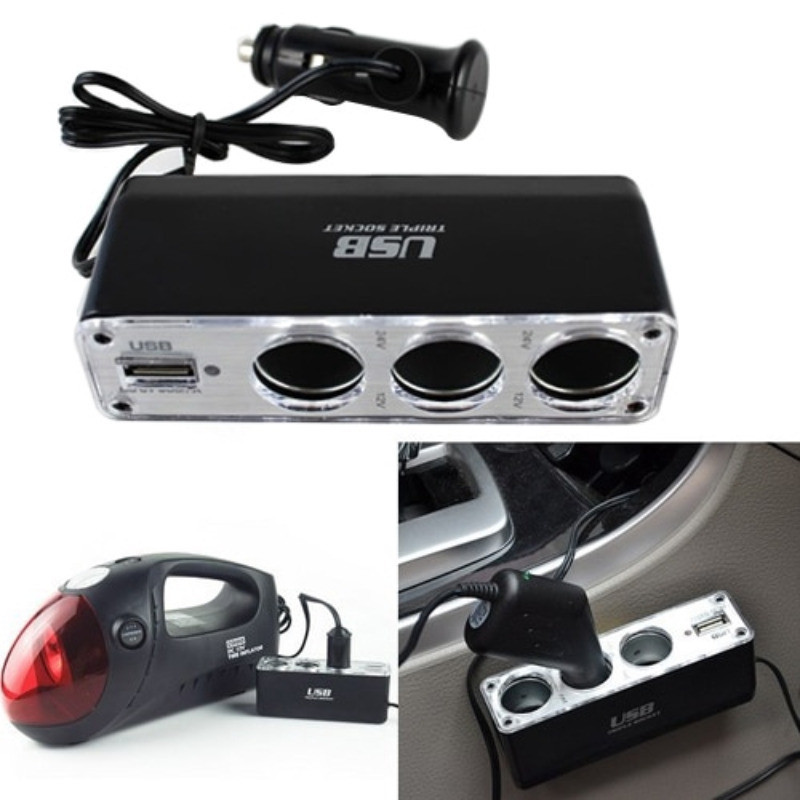 12V/5A 3 Way Universal Car Lighter Sockets Splitter Plug LED USB DC ...